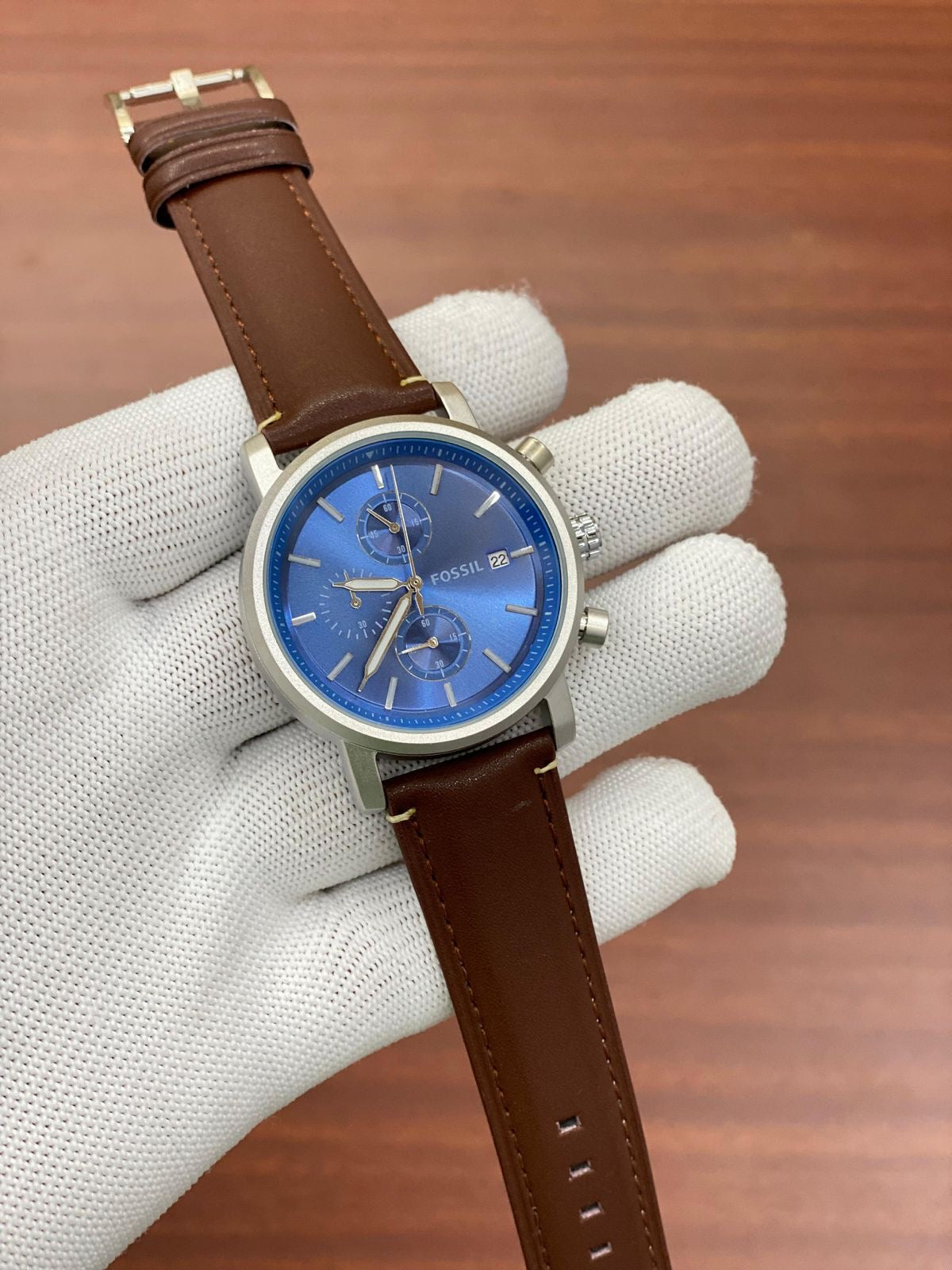 Sof Brown Strap Silver Layer Blue Dial All Chrono Working Men’s Watch ...