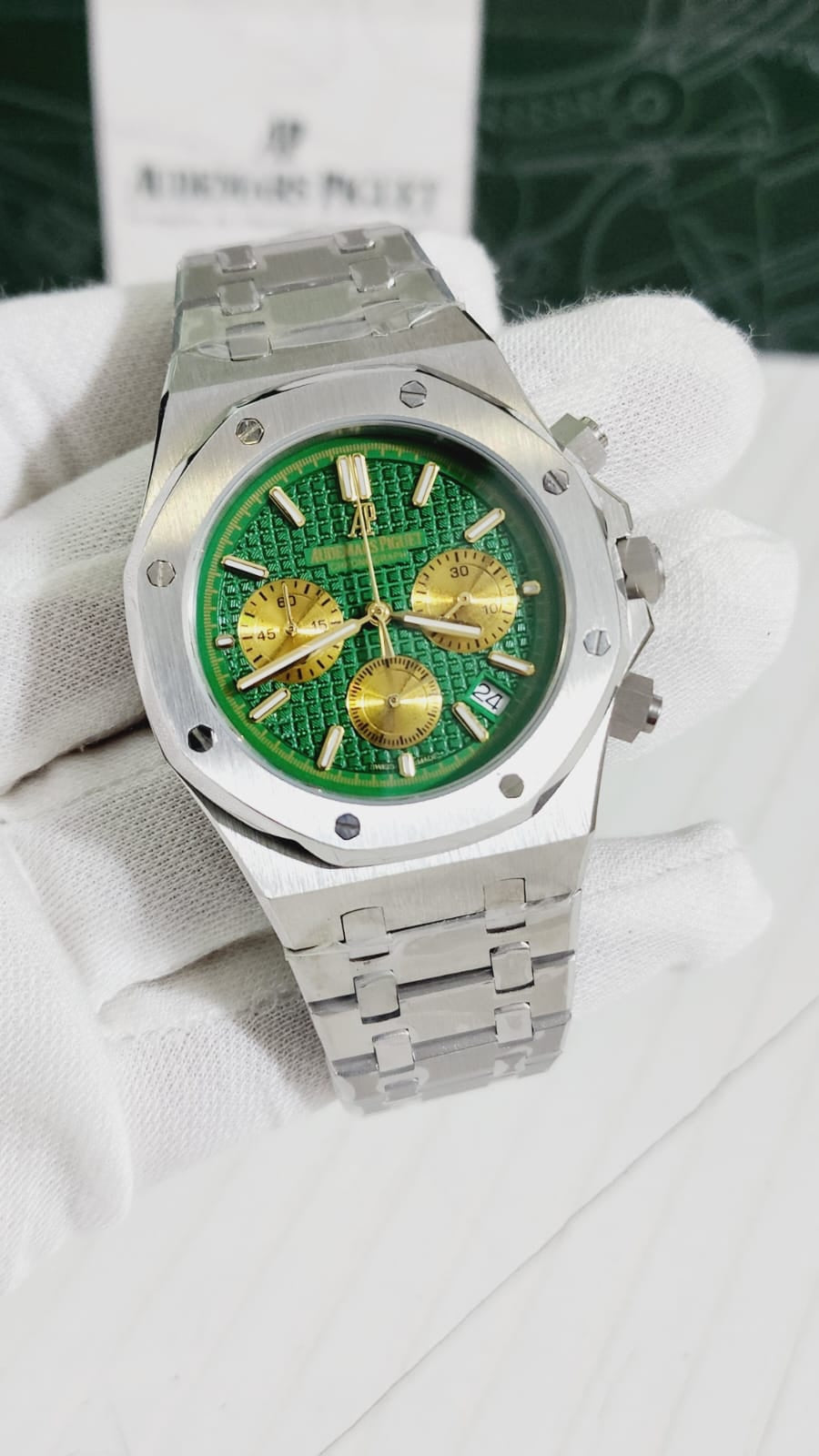 Ap Silver Chain Green Dial Heavy Chronograph Men Watch 401201 – Luxury ...